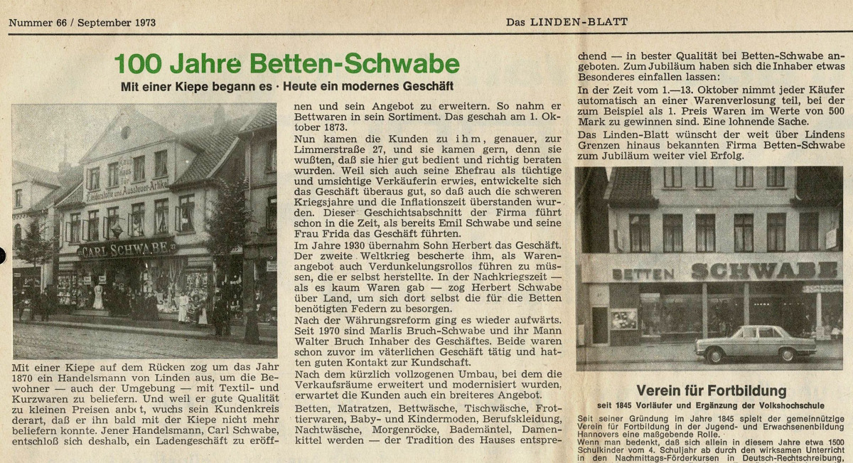 Zeitungsartikel: 100 Jahre Betten-Schwabe, 1973